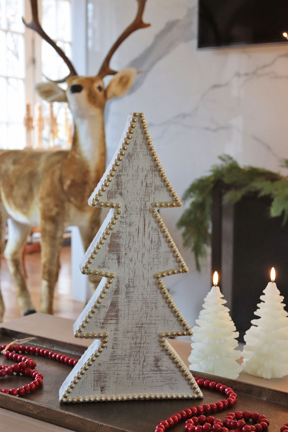 19" Rustic White Washed Wooden Tree With Beads | ELAN BAZAAR