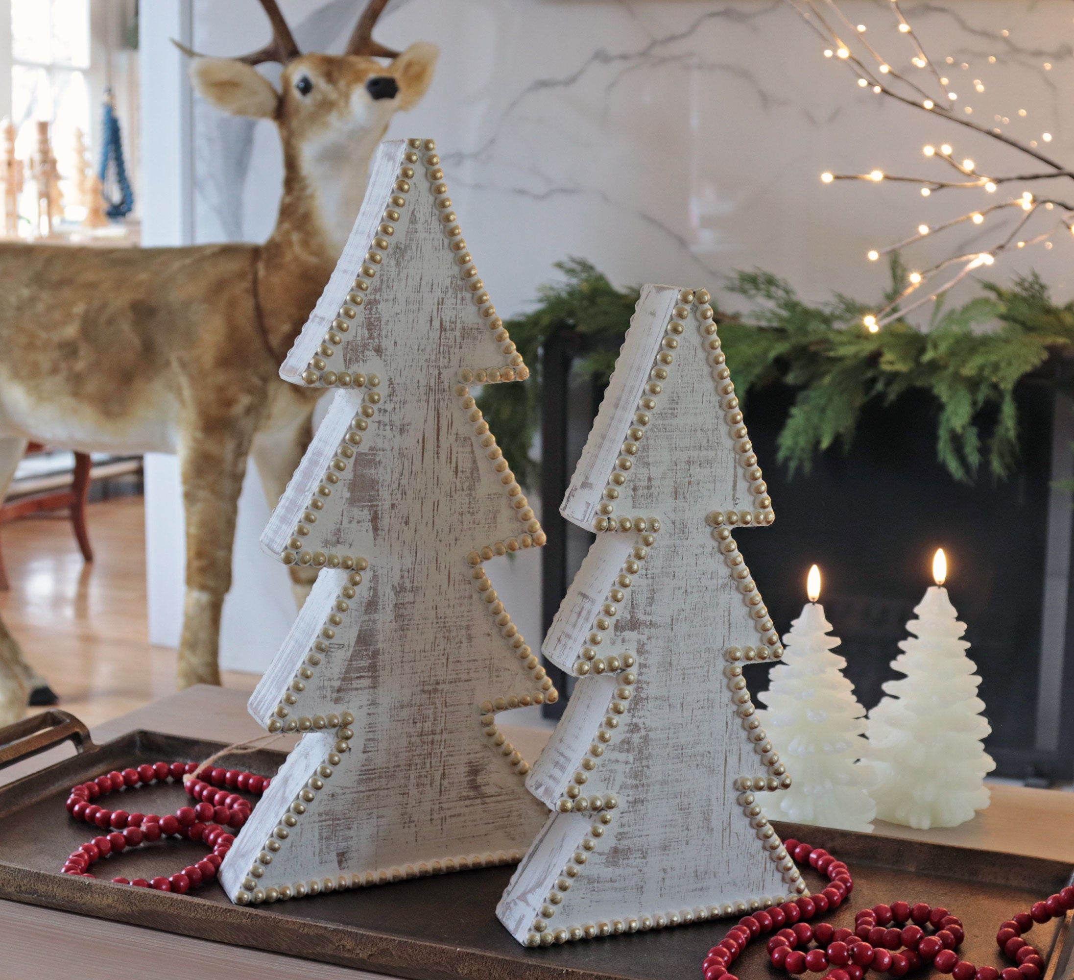 19" Rustic White Washed Wooden Tree With Beads | ELAN BAZAAR